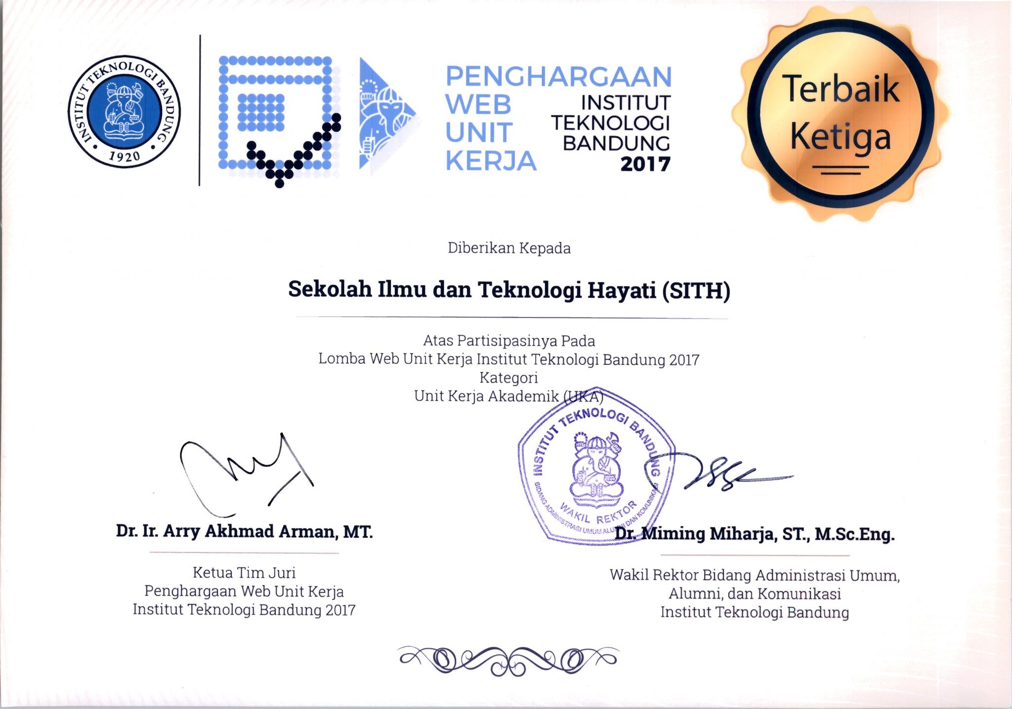 SITH Meraih Juara 3 dalam Penghargaan Web Unit Kerja ITB - Sekolah Ilmu dan Teknologi Hayati